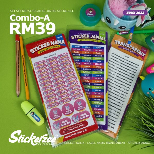 Combo A – Sticker Nama, Sticker Jadual, & Label Transparent – Stickerzee