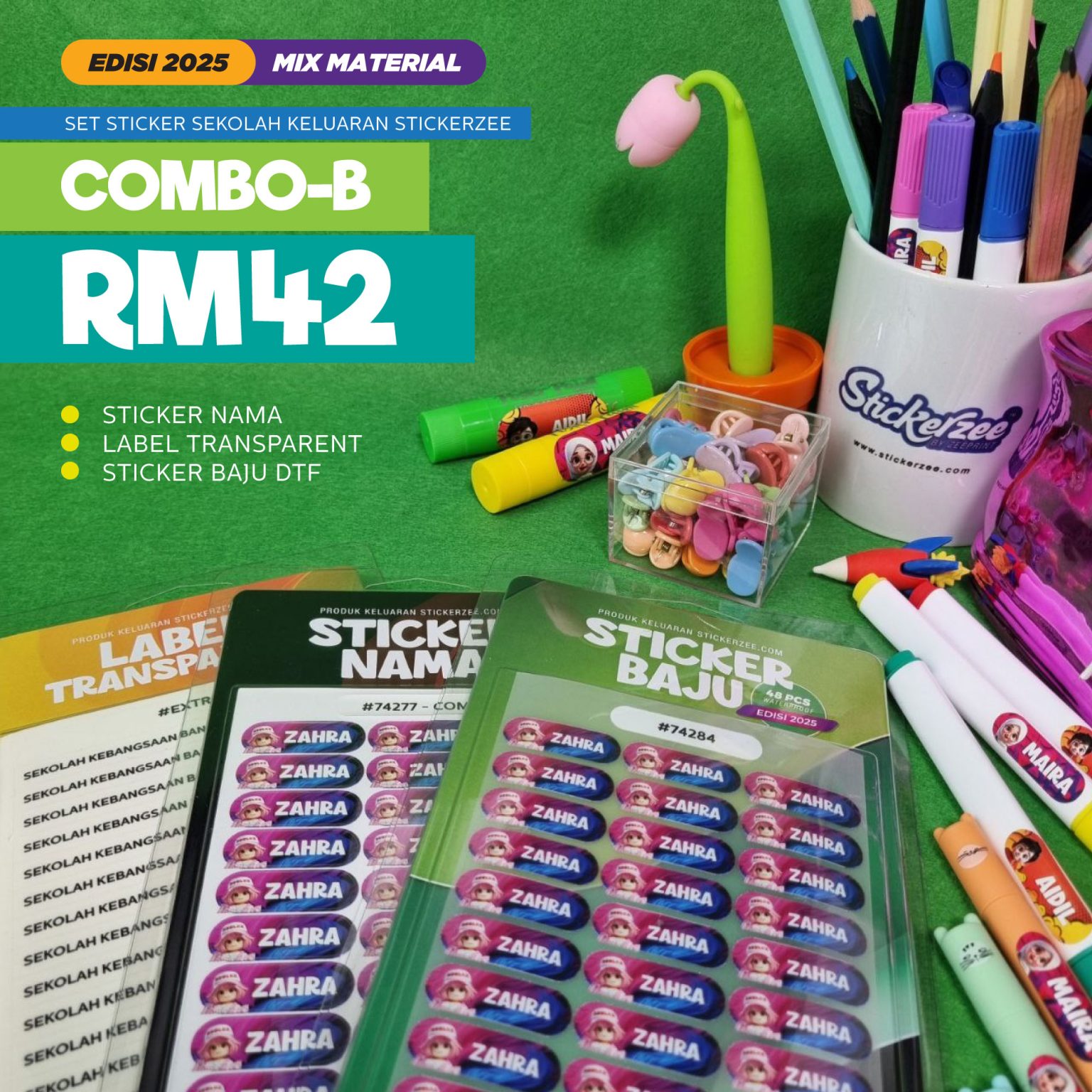 Combo B – Sticker Nama, Label Transparent & Sticker Baju – Stickerzee